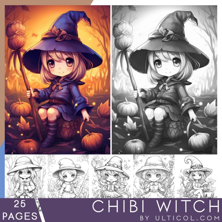 Chibi Witch Coloring Pages for Adult & Kids, Coloring Book, Grayscale ...